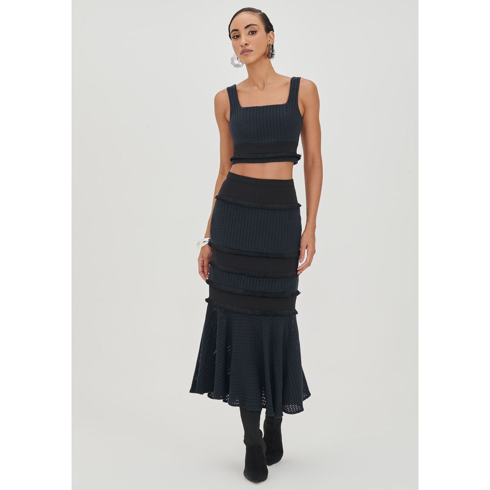 Conjunto Saia Midi e Cropped em Alfaiataria e Tricô Cleo Preto 002 ...