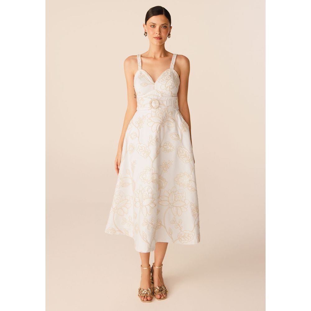 Vestido Midi em Sarja Bordada com Decote em V Brida Off White 008 05332 ...